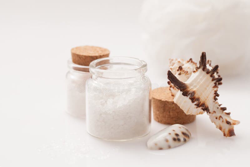 Seashell and jar of salt stock photo. Image of healthy - 86040200