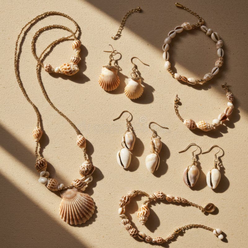 Seashell Jewelry Set on Sand Background Stock Image - Image of ...