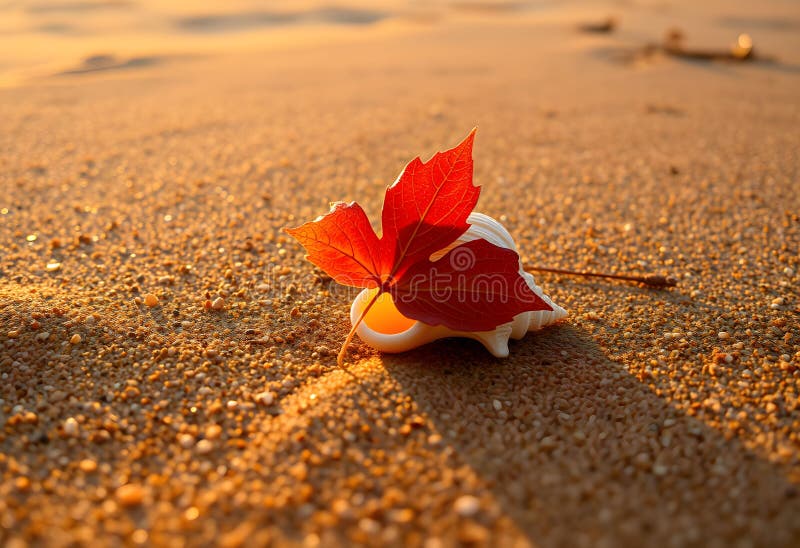 A Seashell and a Leaf on the Beach in Autumn Stock Illustration - Illustration of invertebrate ...