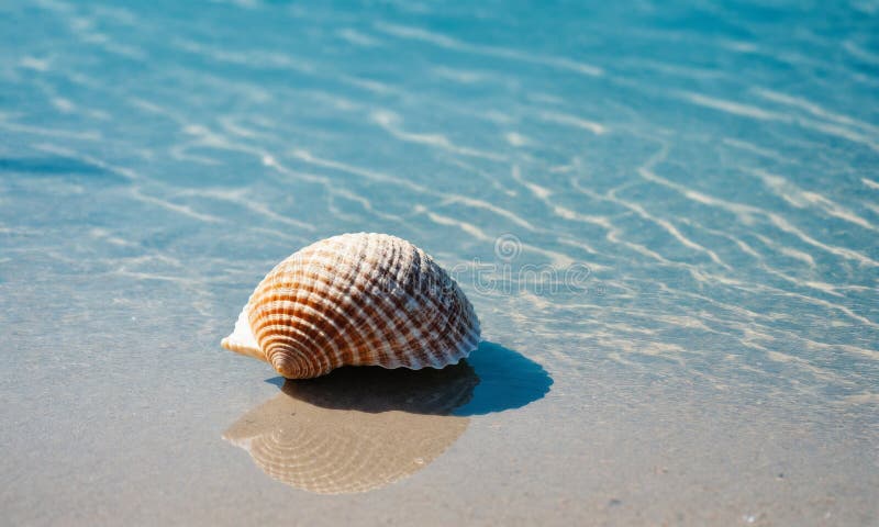 A Seashell Lies on the Sandy Beach with Clear Blue Water Stock ...