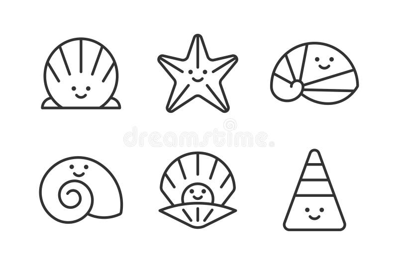 Seashell Line Icon Set. Cute Shells Vector Collection with Smiling ...