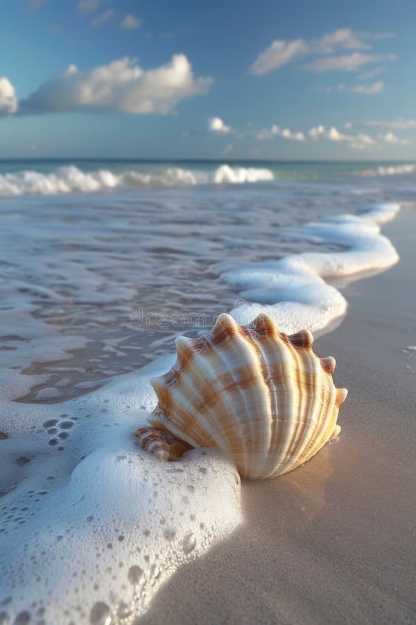 Seashell is Lying on the Beach with White Sand and Foamy Waves Stock ...