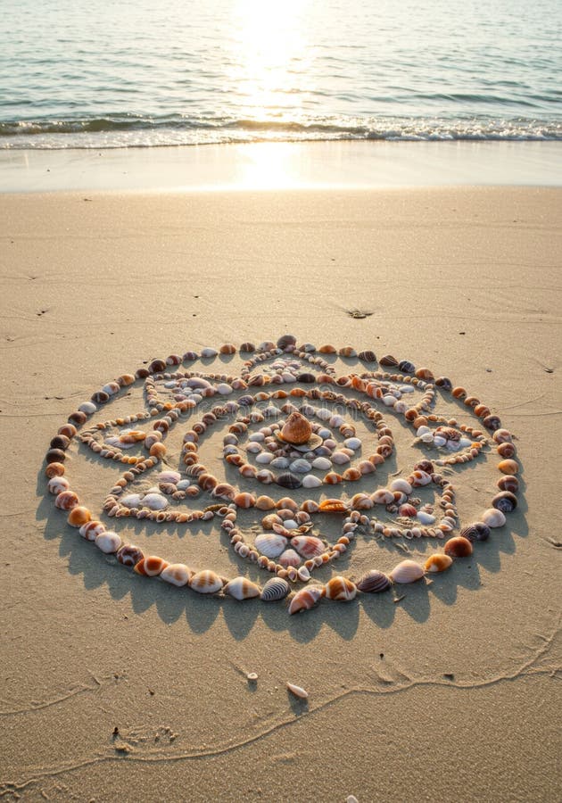 Seashell Mandala on Sandy Beach at Sunset Stock Illustration ...