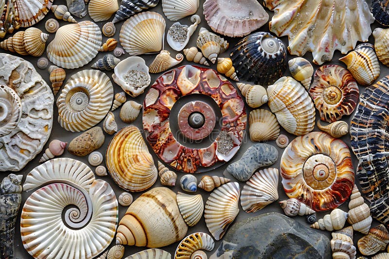 Seashell Mosaic Ammonites, Scallops, and Spiral Shells Art Stock ...