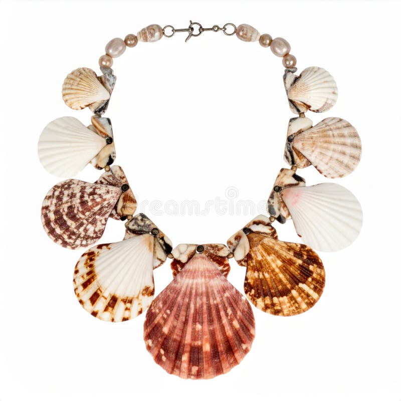 Seashell Necklace with Brown and Pink Shells on White Background Stock ...