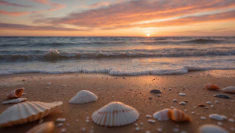 Seashells on Sandy Beach at Sunset: Tranquil Coastal Scene Stock ...