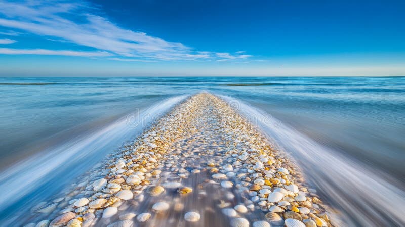 Seashell Path To Ocean: Vibrant Coastal Seascape Stock Illustration ...