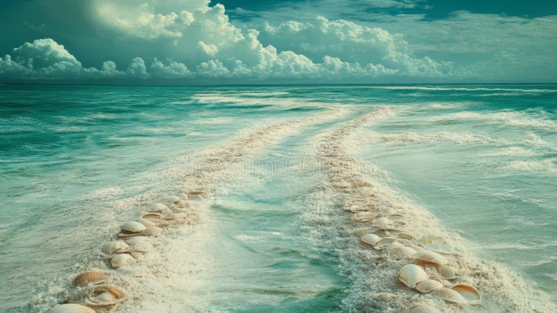 Seashell Pathway Leading To Turquoise Ocean Under a Cloudy Sky Stock ...