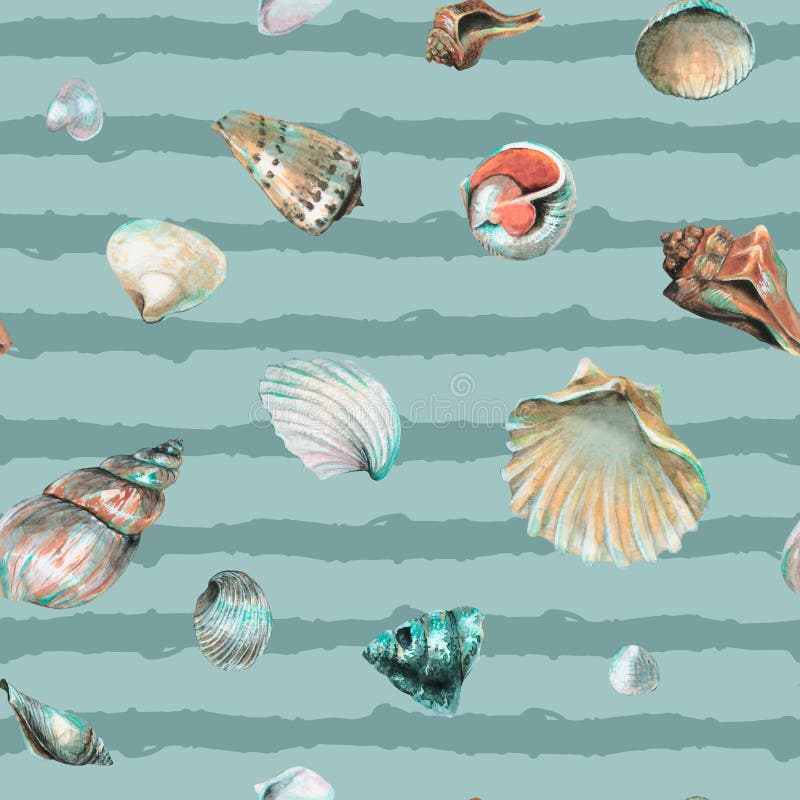 Seashell Pattern on Blue Background. Hand Drawn Watercolor Seamless ...