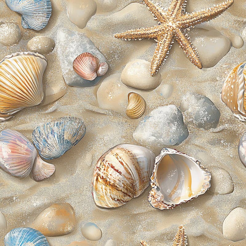 Seashell Pattern with Bold, Simple Outlines and Richly Colored Shells ...