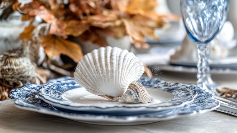 Seashell Place Setting with Blue and White Plates Stock Illustration ...
