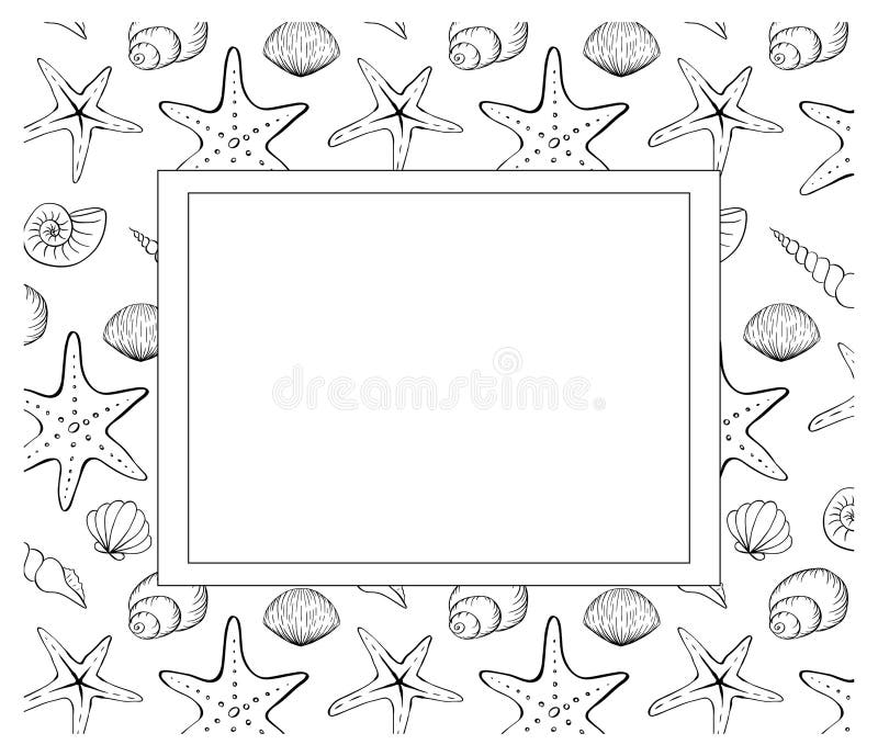 Seashell Rectangle Frame. Vector Graphic Line Ink Illustration of ...