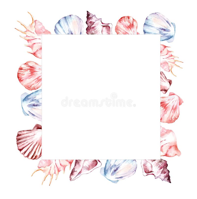 Seashell Rectangular Frame. Hand Drawn Watercolor Illustration of ...