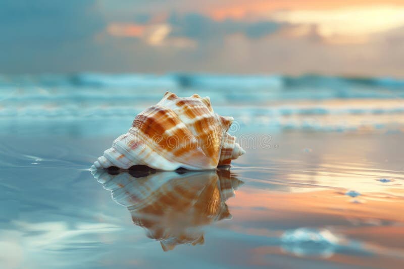 Seashell Reflecting on the Beach at Sunset with Ocean Waves Stock Photo ...