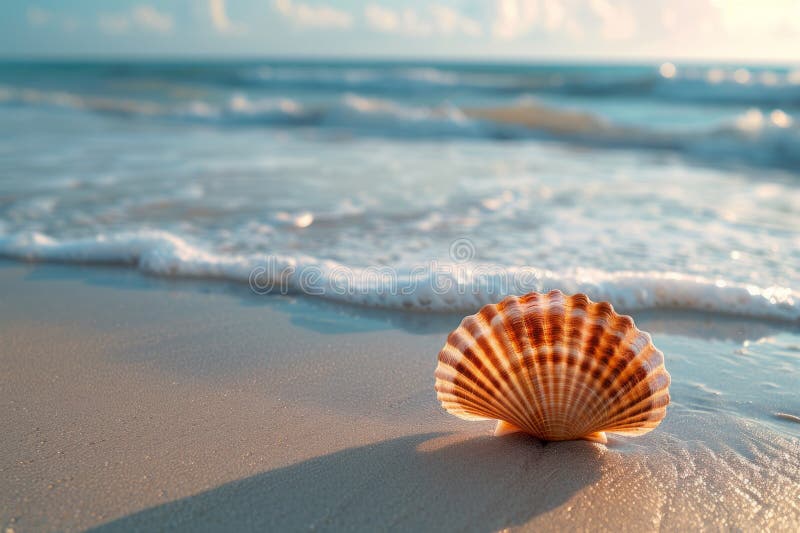 Seashell Reflecting on the Beach at Sunset with Ocean Waves Stock Photo ...
