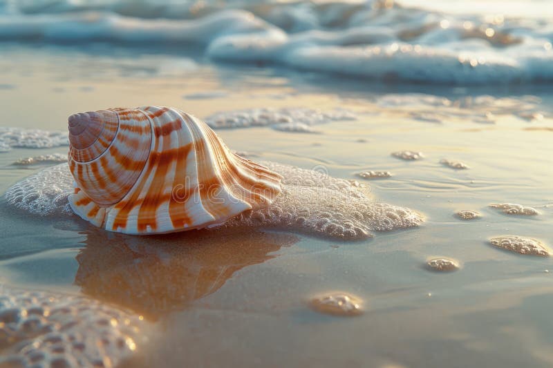 Seashell Reflecting on the Beach at Sunset with Ocean Waves Stock Image ...