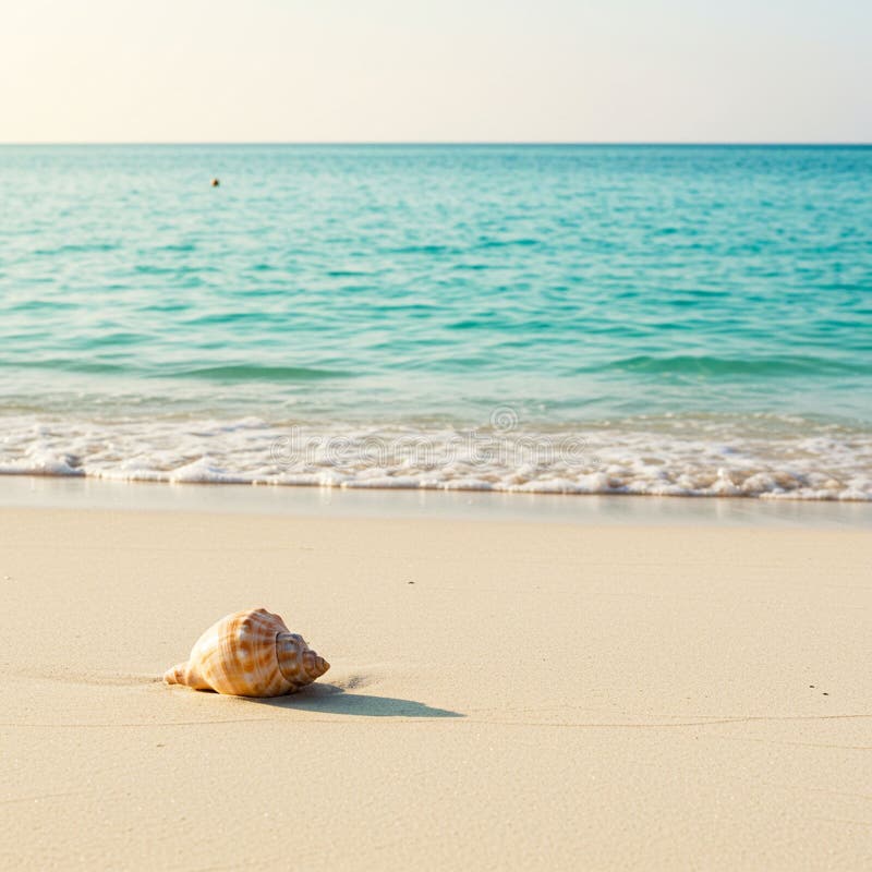 Seashell Resting on a Sandy Beach with Gentle Ocean Waves in the ...