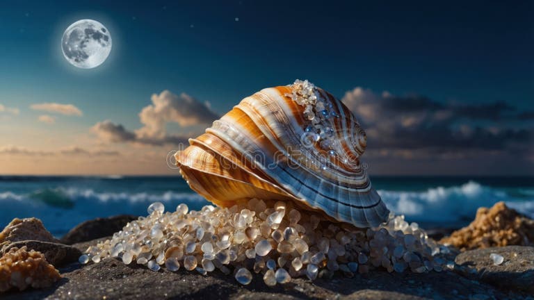 Seashell on Beach at Night with Full Moon, Ocean Waves Stock ...