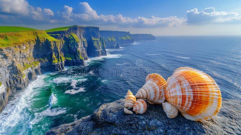 A Seashell Rests on a Cliff, Offering an Ocean View and Space for Text ...