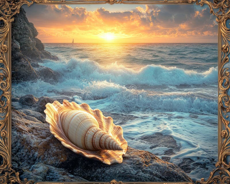 Seashell on Rocky Shore at Sunset Stock Illustration - Illustration of ...