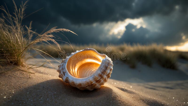 Seashell on Sandy Beach at Sunset with Dramatic Sky Stock Illustration ...