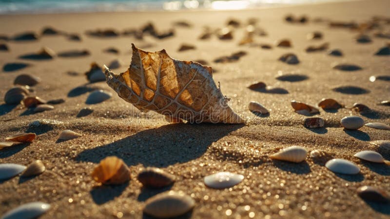 Golden Seashell and Shells on Sandy Beach at Sunset Stock Illustration ...