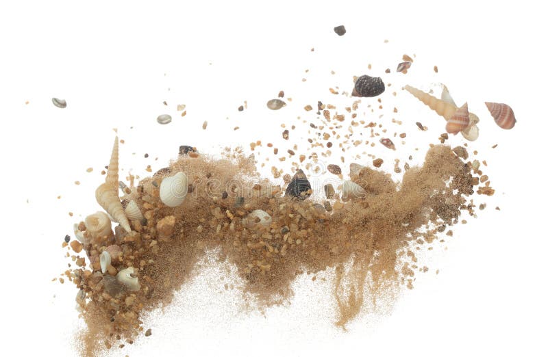 Seashell Sand Fall Splashing in Air. Sea Shell Explosion Flying, Sand ...