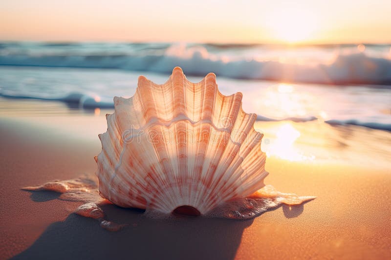 Seashell on a Sandy Beach, with the Backdrop of a Great Sunset Over the ...