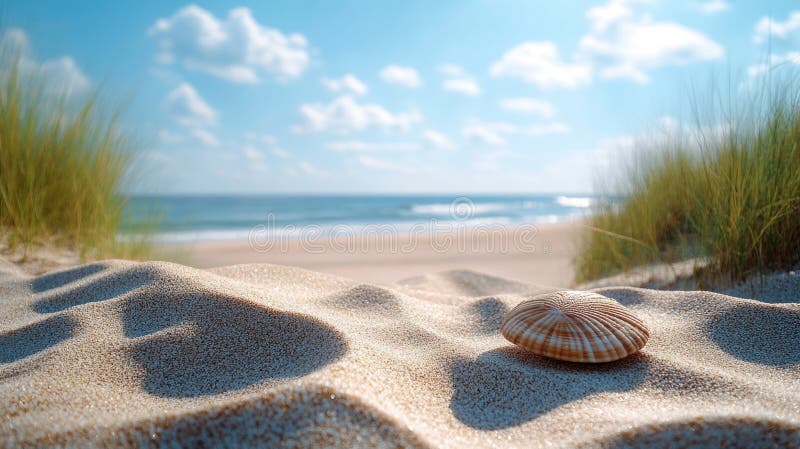 Seashell on Sandy Beach with Dune Grasses and Ocean Waves Under Blue ...
