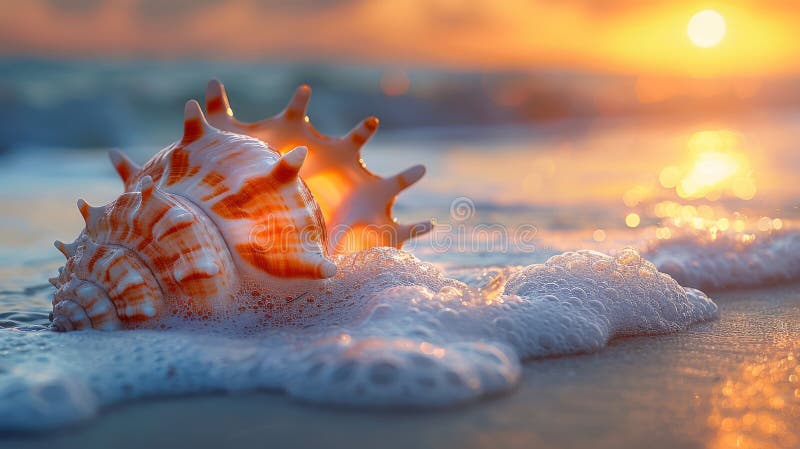 Seashell on Sandy Beach with Foamy Waves at Sunset, Coastal Beauty and ...