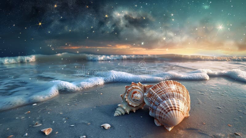 Seashell on Sandy Beach at Night Stock Illustration - Illustration of ...