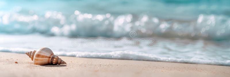 Seashell on Sandy Beach with Ocean Wave in Background Banner. Panoramic ...