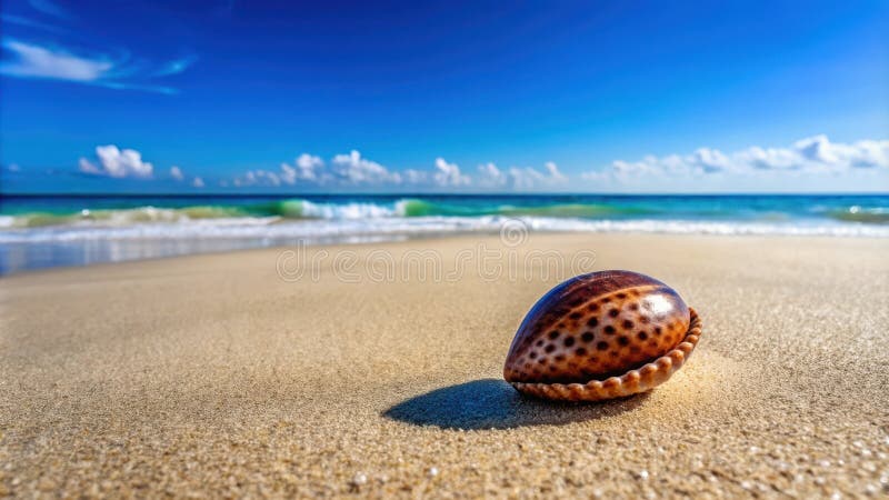 Seashell on Sandy Beach with Ocean Waves and Blue Sky. Generative AI ...