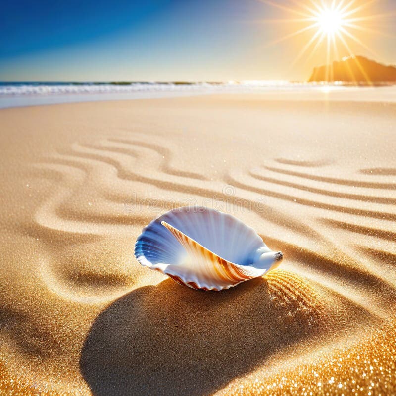 A Seashell on a Sandy Beach with the Sun Shining in the Stock ...