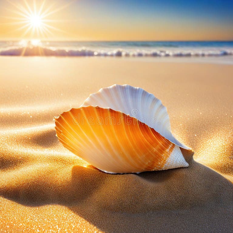 A Seashell on a Sandy Beach with the Sun Shining in the Stock ...