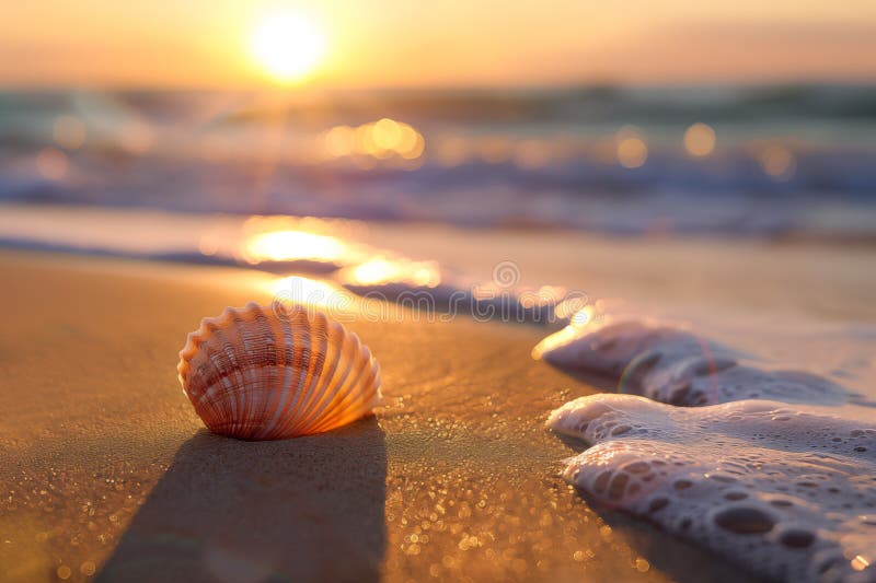 Seashell on Sandy Beach with Sunset in Background, Waves and Light ...