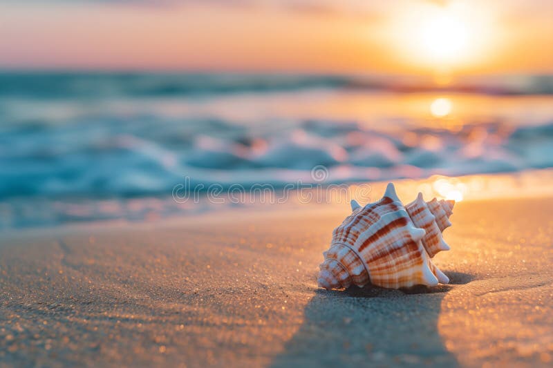 Seashell on Sandy Beach with Sunset in Background, Waves and Light ...