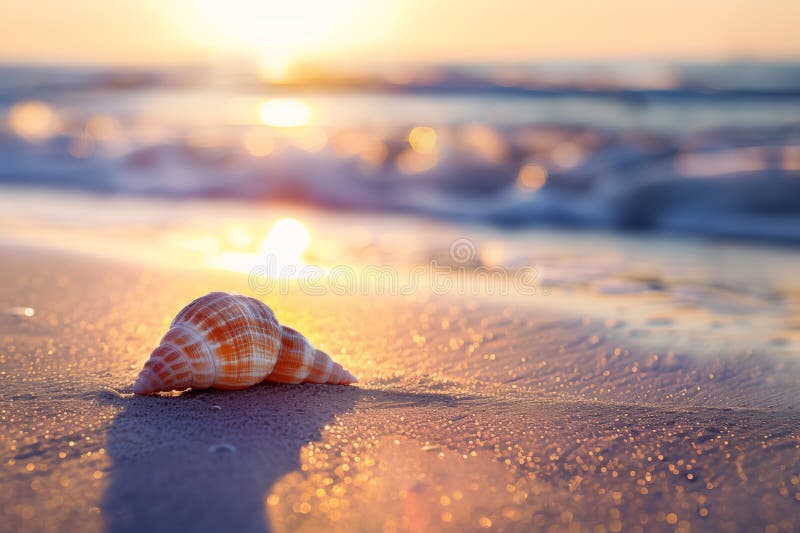 Seashell on Sandy Beach with Sunset in Background, Waves and Light ...