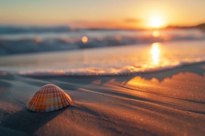 Seashell on Sandy Beach with Sunset in Background, Waves and Light ...