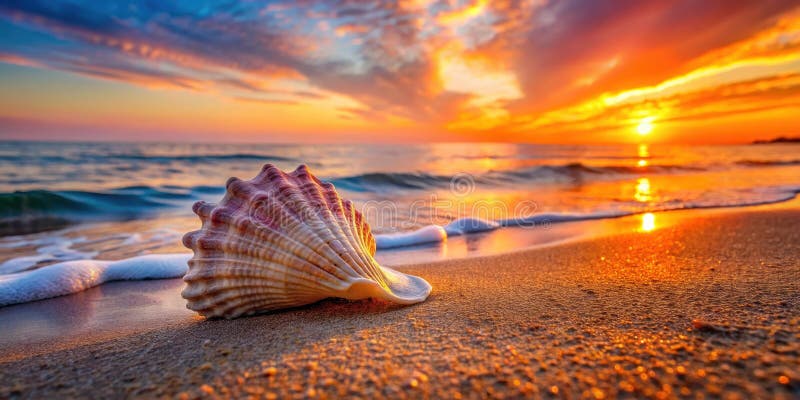 Seashell on Sandy Beach at Sunset with Ocean Waves. Generative AI Stock ...