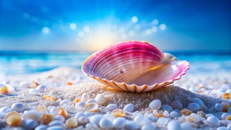 Seashell on Sandy Beach at Sunset with Smooth Stones. Generative AI ...