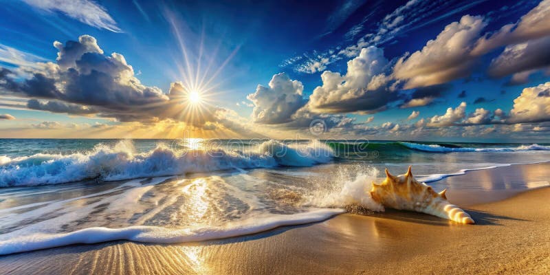 Seashell on Sandy Beach at Sunset with Waves. Generative AI Stock ...