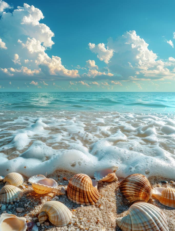 Seashell on a Sandy Beach Under a Blue Sky Stock Photo - Image of ...