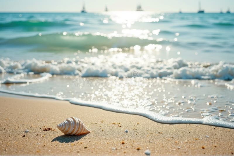 Seashell on Sandy Beach with Waves and Distant Boats in Sunlit Seascape ...