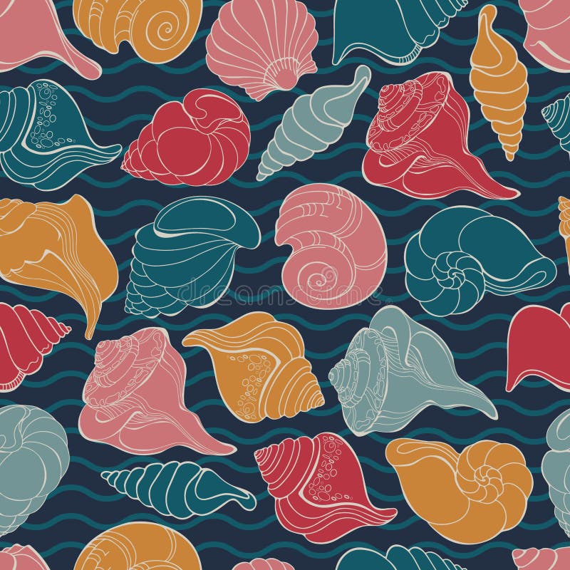 Seashell. Seamless Pattern with Cartoon Shell. Conch on Blue. Vector ...