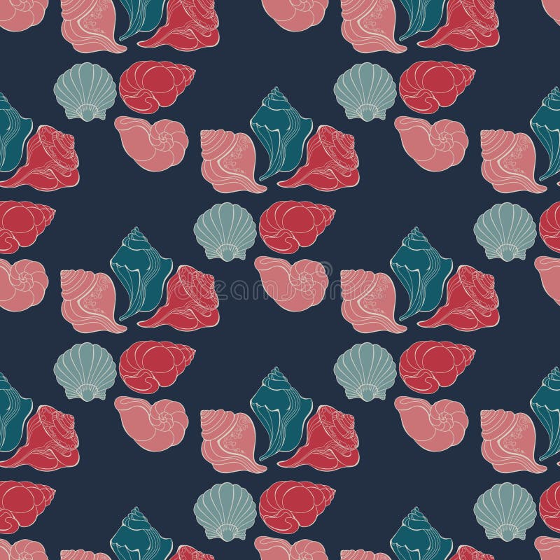 Seashell. Seamless Pattern with Cartoon Shell. Conch on Blue. Vector ...