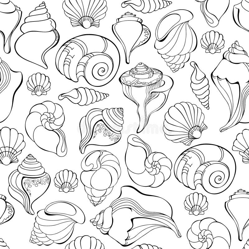 Seashell. Seamless Pattern with Cartoon Shell. Outline Conch. Vector ...