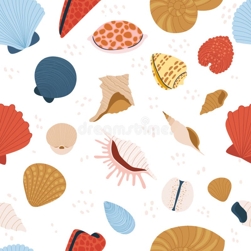Seashell Seamless Pattern. Summer Ocean Print with Shells, Oysters ...