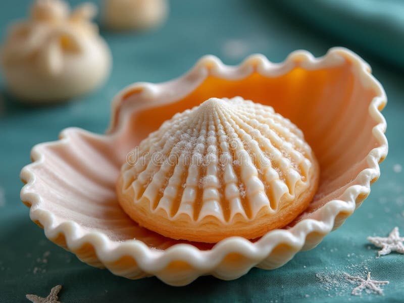 Seashell-shaped Pastry in a Real Seashell on Teal Background Stock ...
