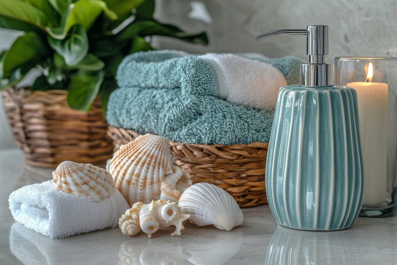 A Seashell-shaped Soap Dish Filled with a White Bar of Soap is ...